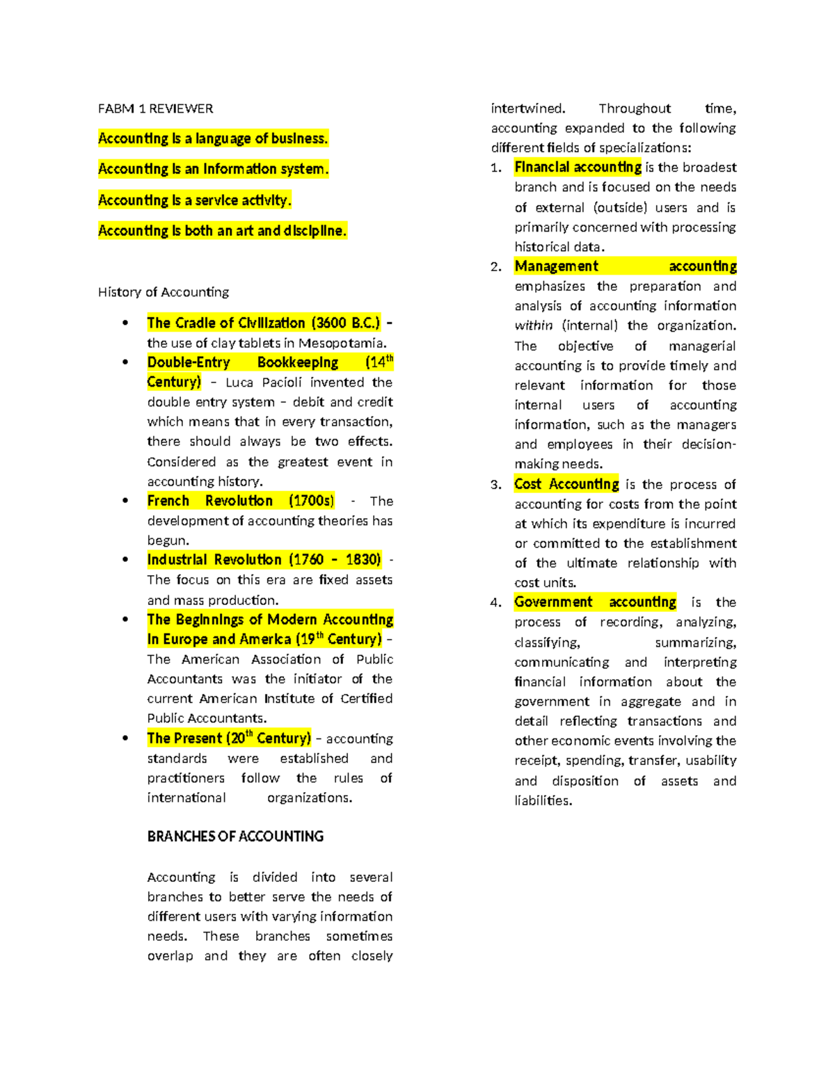 FABM 1 Final Exam Reviewer: Key Concepts in Accounting - Studocu