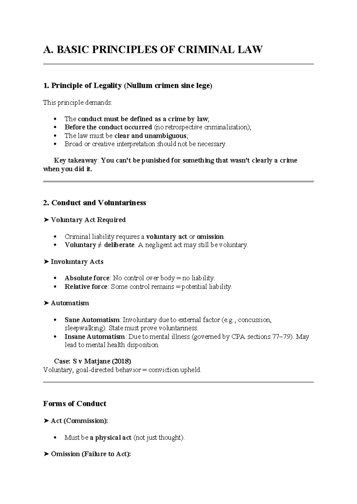 Criminal Law Principles: Key Notes for Course A - Studocu