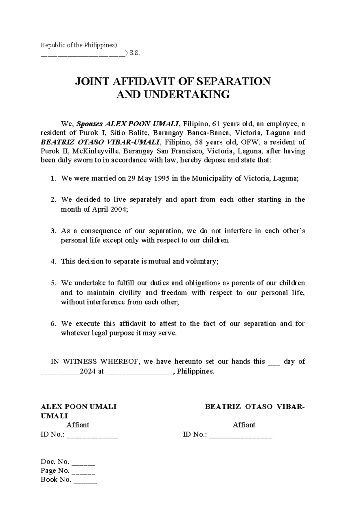 Affidavit of Separation: Joint Affidavit of Spouses in the Philippines ...