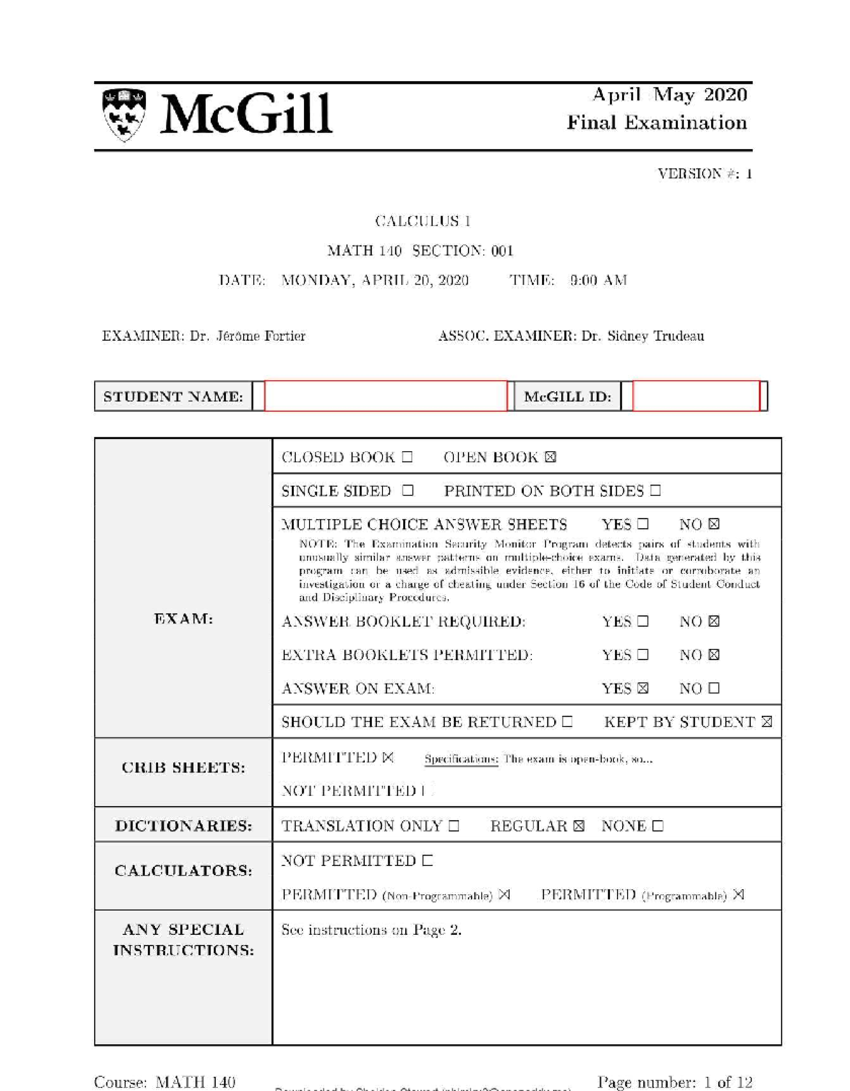 MATH 140 Winter 2020 Final Exam Version 1 - Calculus 1 - Studocu