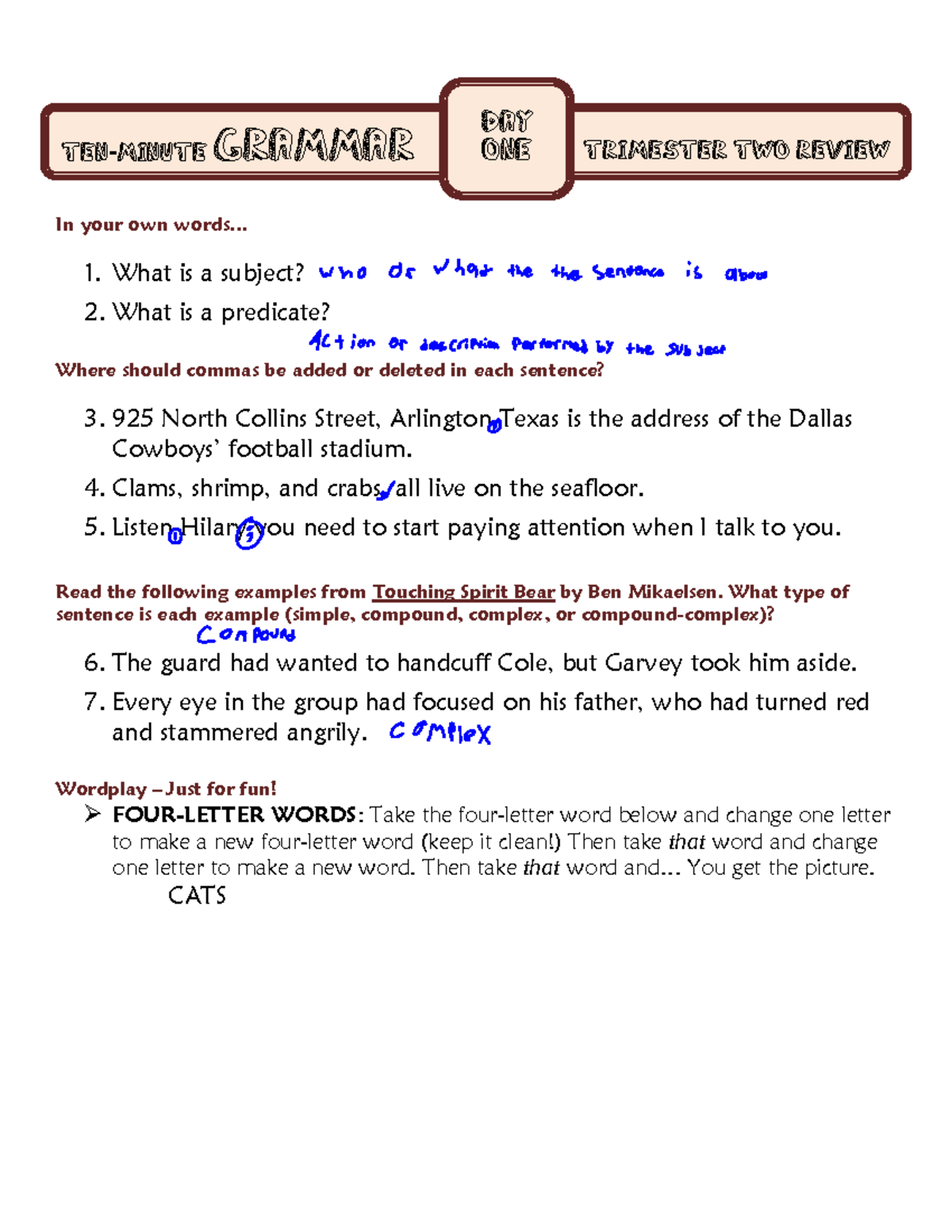 Trimester 2 Grammar Review: Days 1-4 Overview and Activities - Studocu