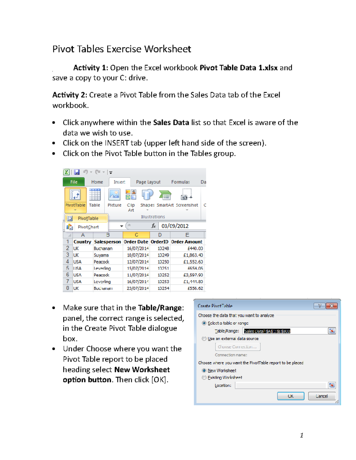 Pivot Tables Worksheet 1 Pivot Tables Exercise Worksheet Activity 1 Open The Excel Workbook