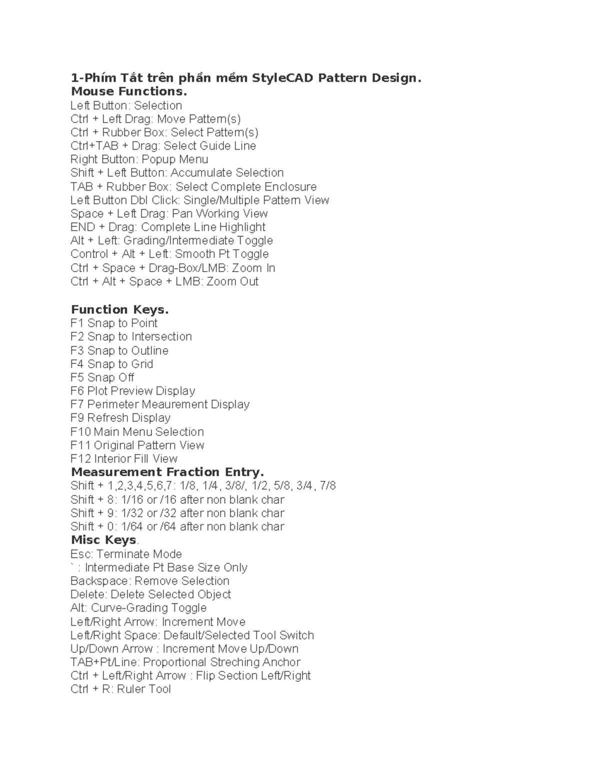 Phím Tắt và Lệnh hướng dẫn sử dụng StyleCAD Pattern Design - Studocu