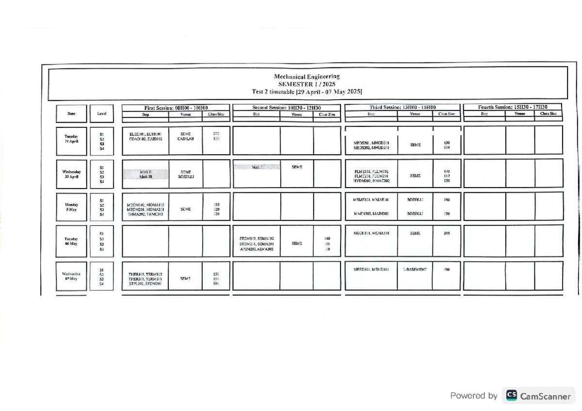 Mechanical Engineering Sem1 2025 Test 2 Timetable April May Studocu