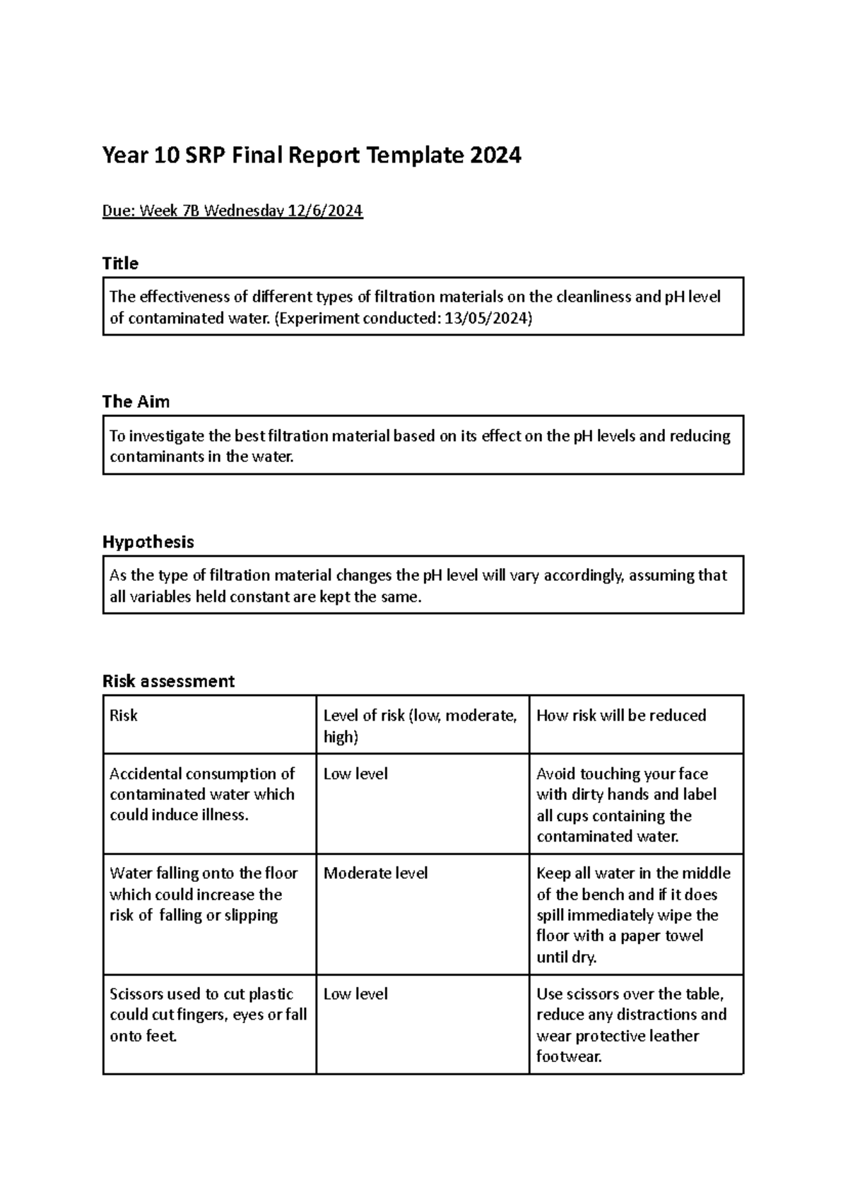 Year 10 SRP Final Report: Filtration Materials & Water Quality - Studocu