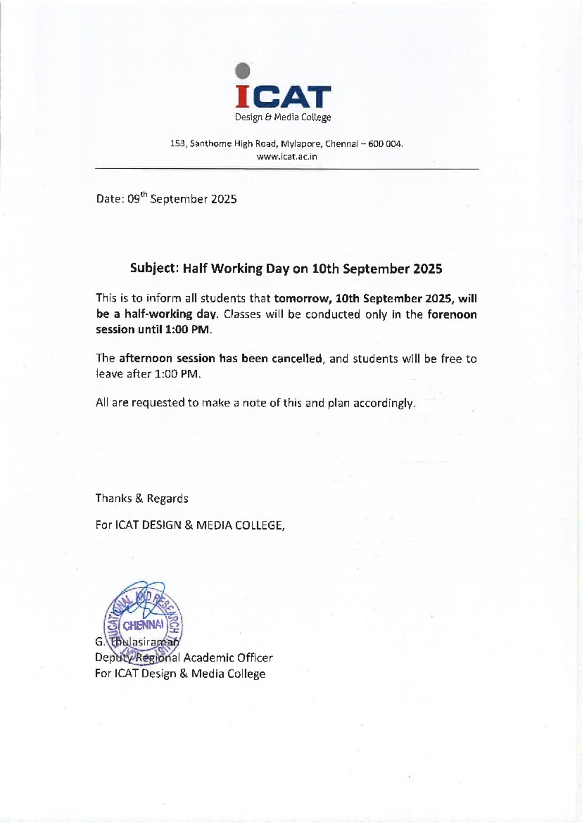ICAT Design Media College Half Day Circular - 10th Sept 2025 - Studocu