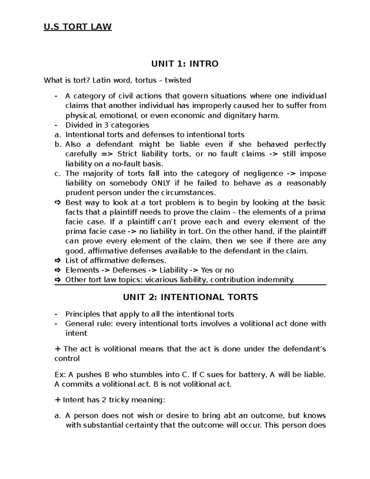 U.S Tort law - ddd - UNIT 1: INTRO What is tort? Latin word, tortus ...