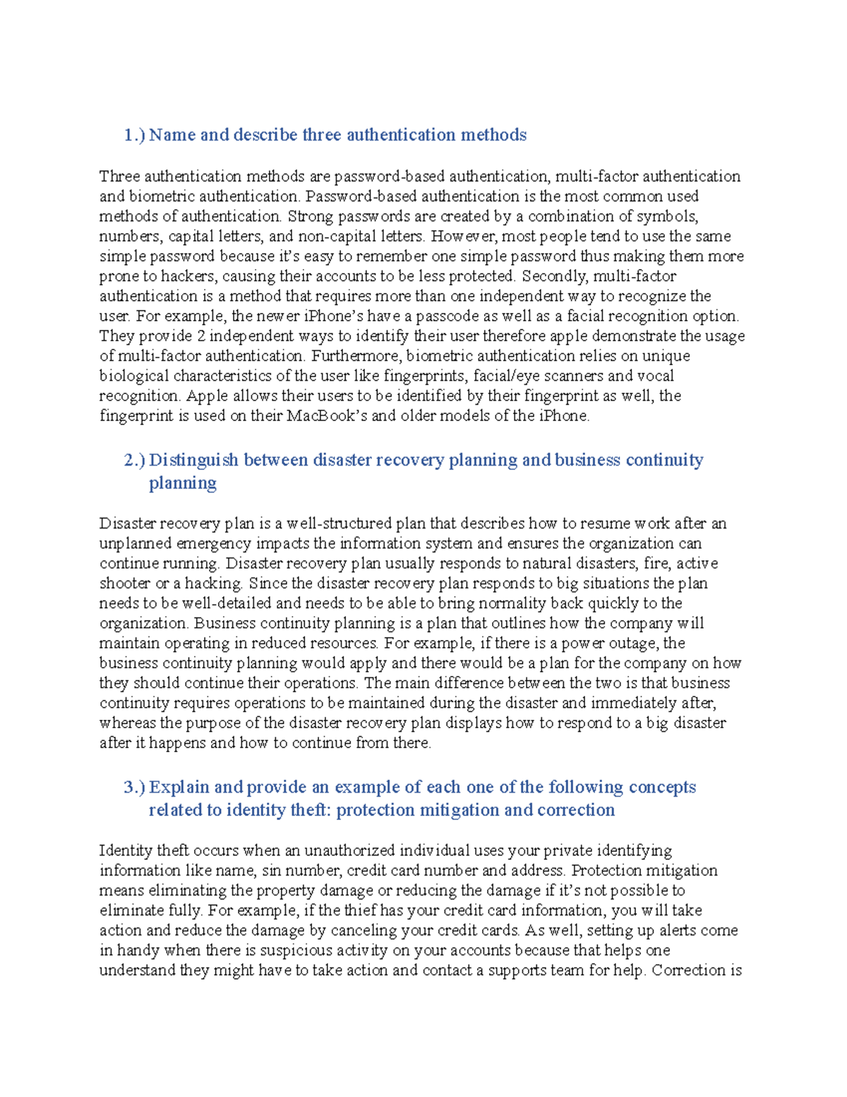 Assignment 4 - 1.) Name and describe three authentication methods Three ...