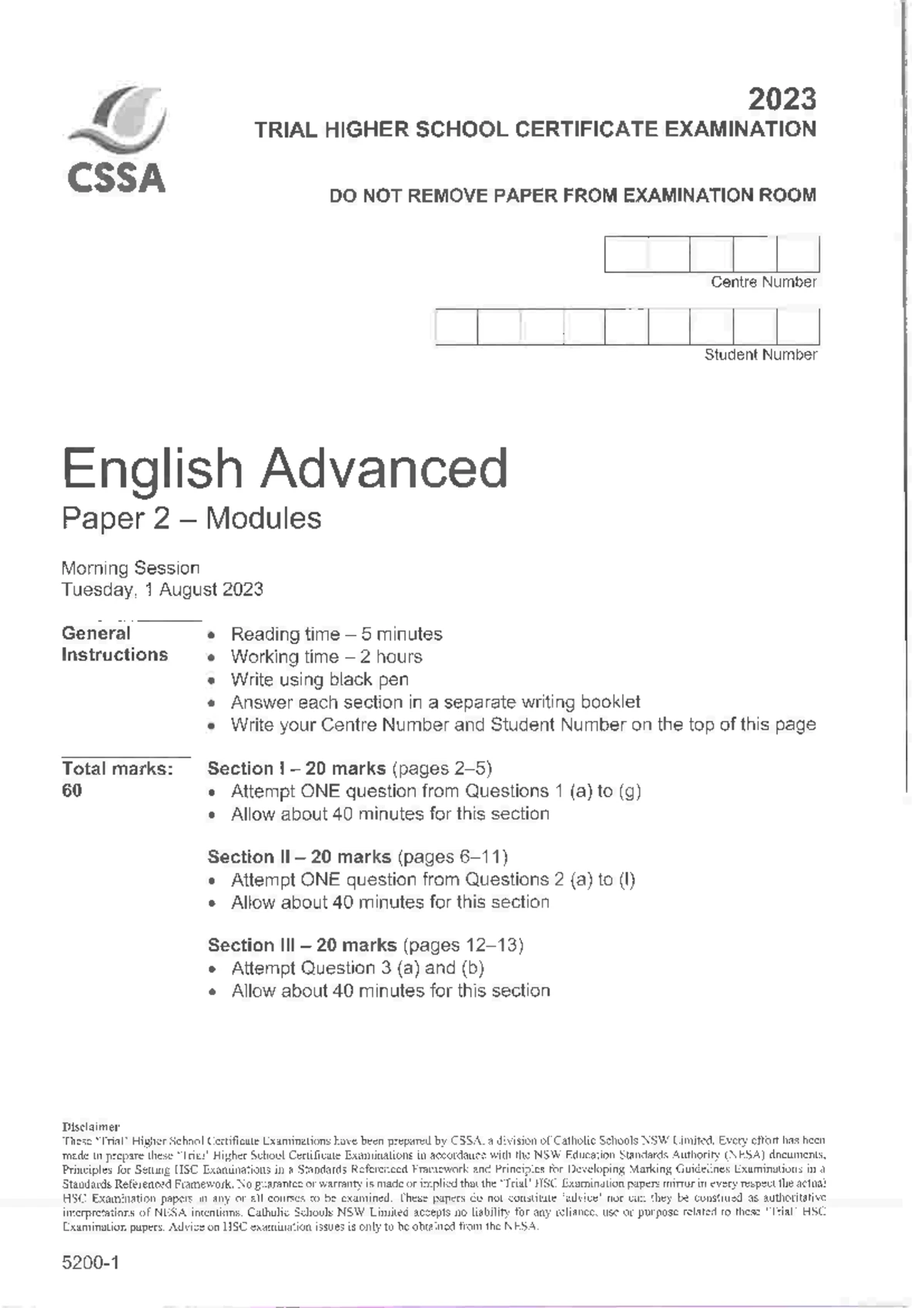 2023 CSSA HSC Trial Exam English Advanced Paper 2 - Detailed Breakdown - Studocu