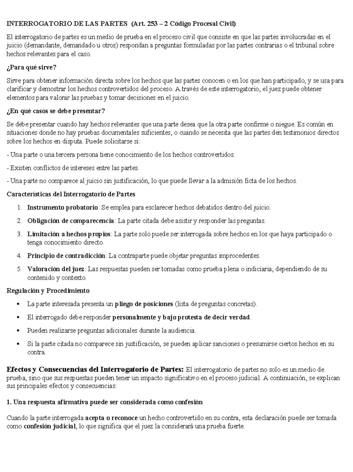 Interrogatorio de Partes en el Proceso Civil: Art. 253-2 Código ...