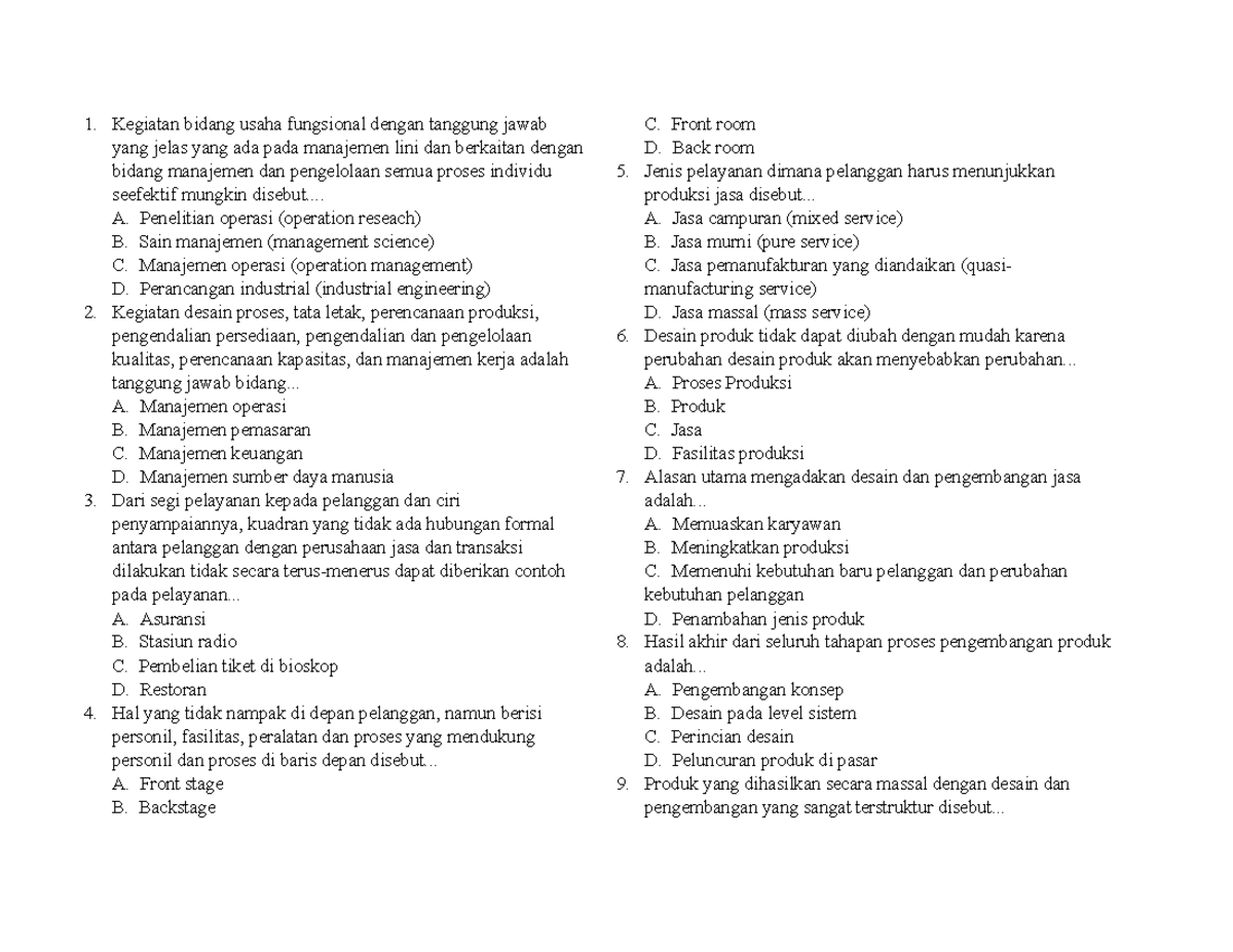 Manajemen Operasi Jasa: Ujian Akhir dan Pembahasan Soal - Studocu