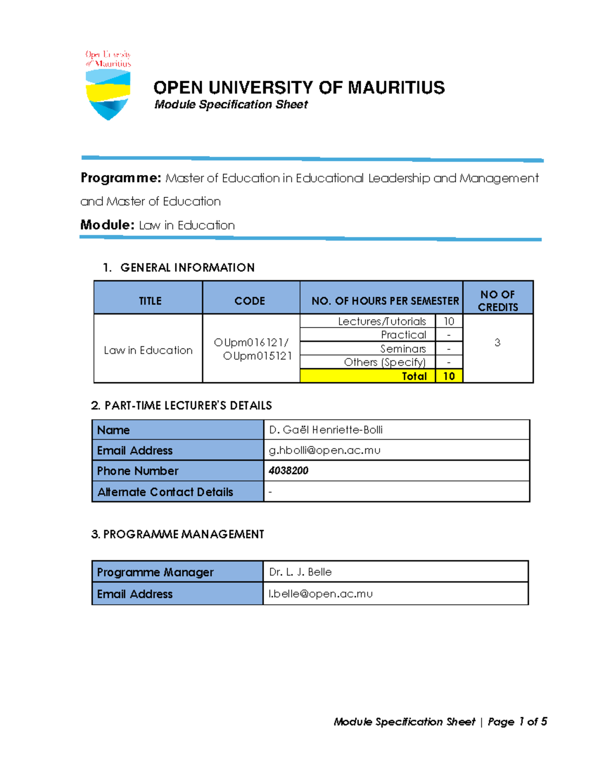 Module Specification Sheet- Law in Education - OPEN UNIVERSITY OF ...