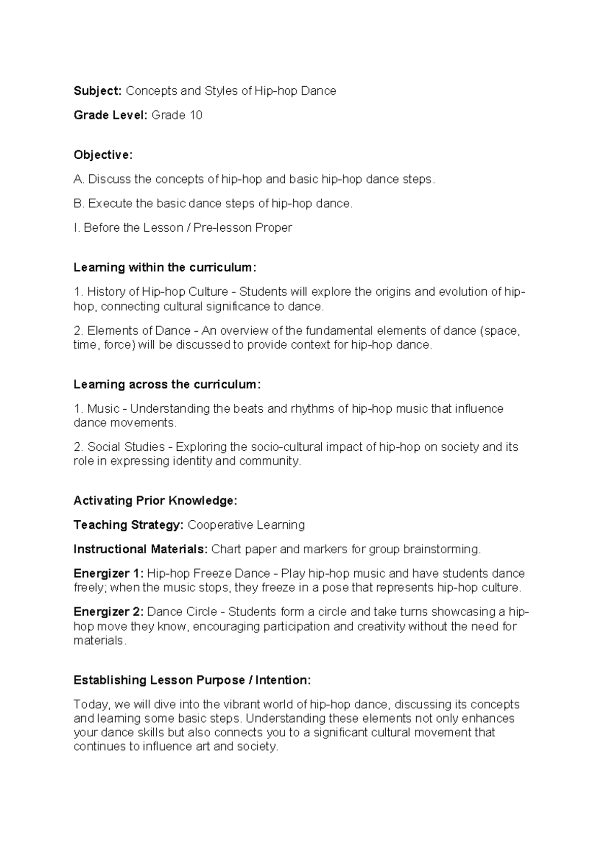 PE lesson plan Matatag - letrure - Subject: Concepts and Styles of Hip ...
