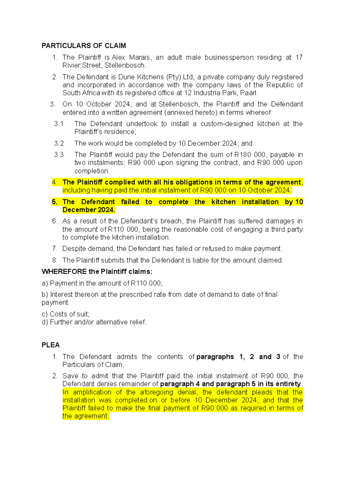 Plea Examples and Templates for Legal Claims and Defenses - Studocu