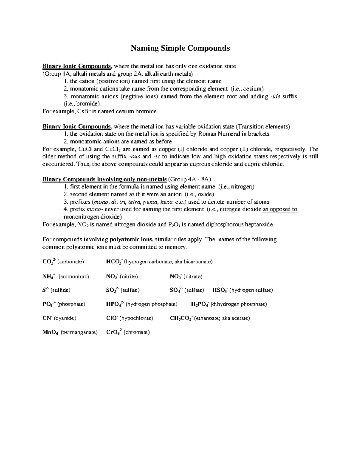 Naming Simple Compounds Review for Chem 101: Key Concepts and Exercises ...