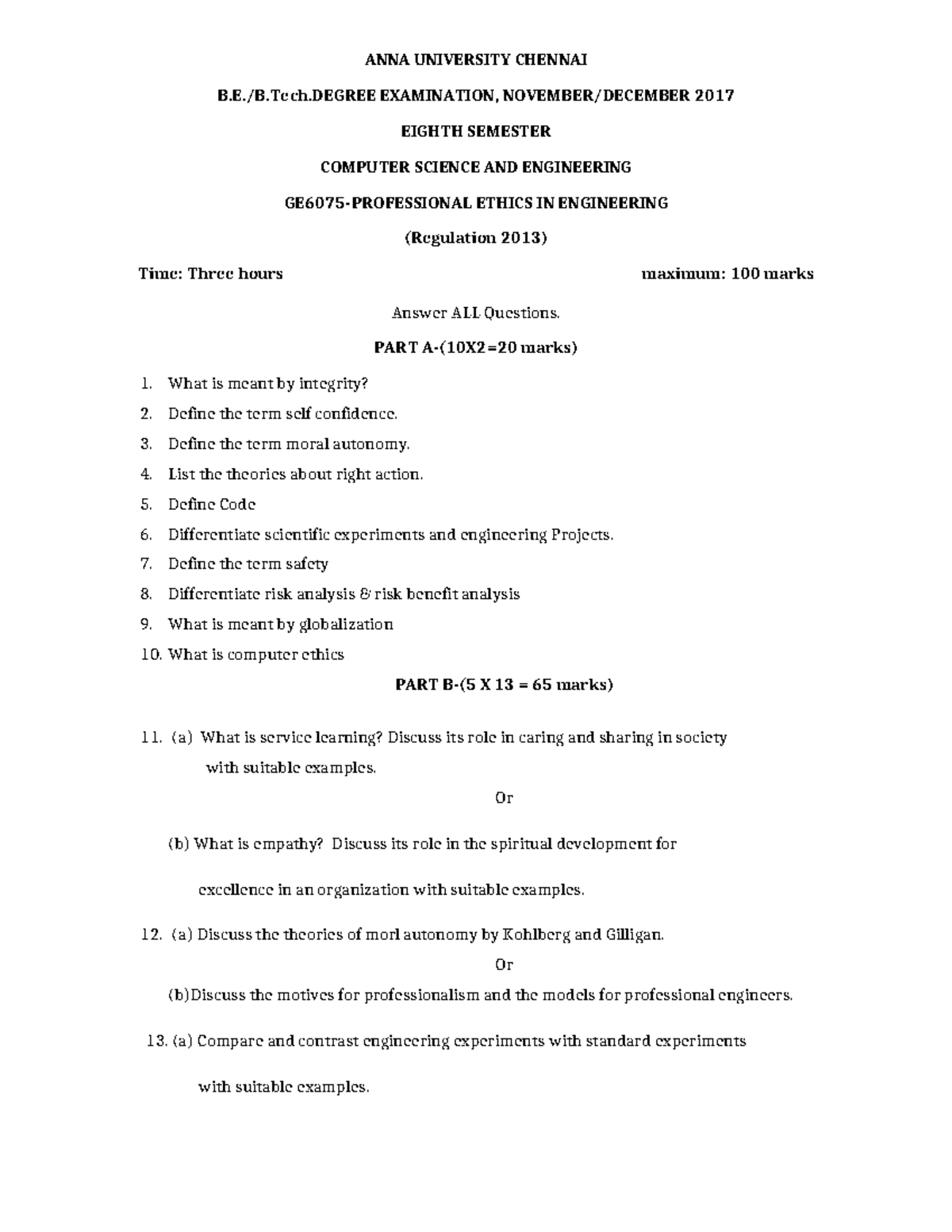 Anna University Chennai 2017 Eighth Sem CSE Ethics in Engineering Exam ...