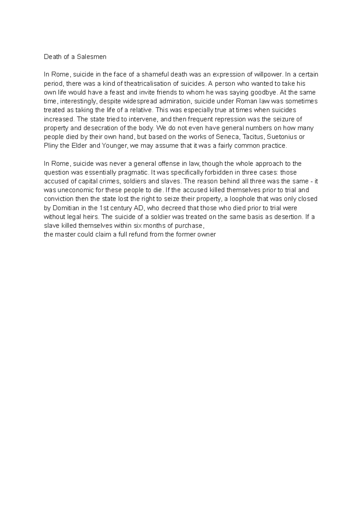 Suicide in Ancient Rome: A Study of Willpower and Law - Studocu