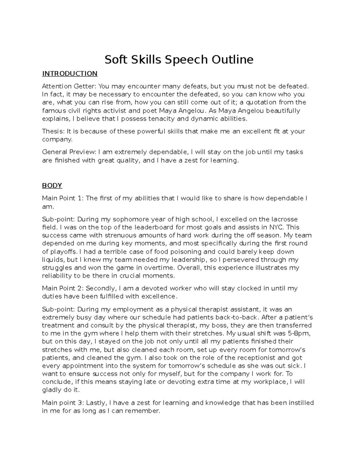 Soft Skills Speech Outline: Dependability, Dedication & Learning - Studocu