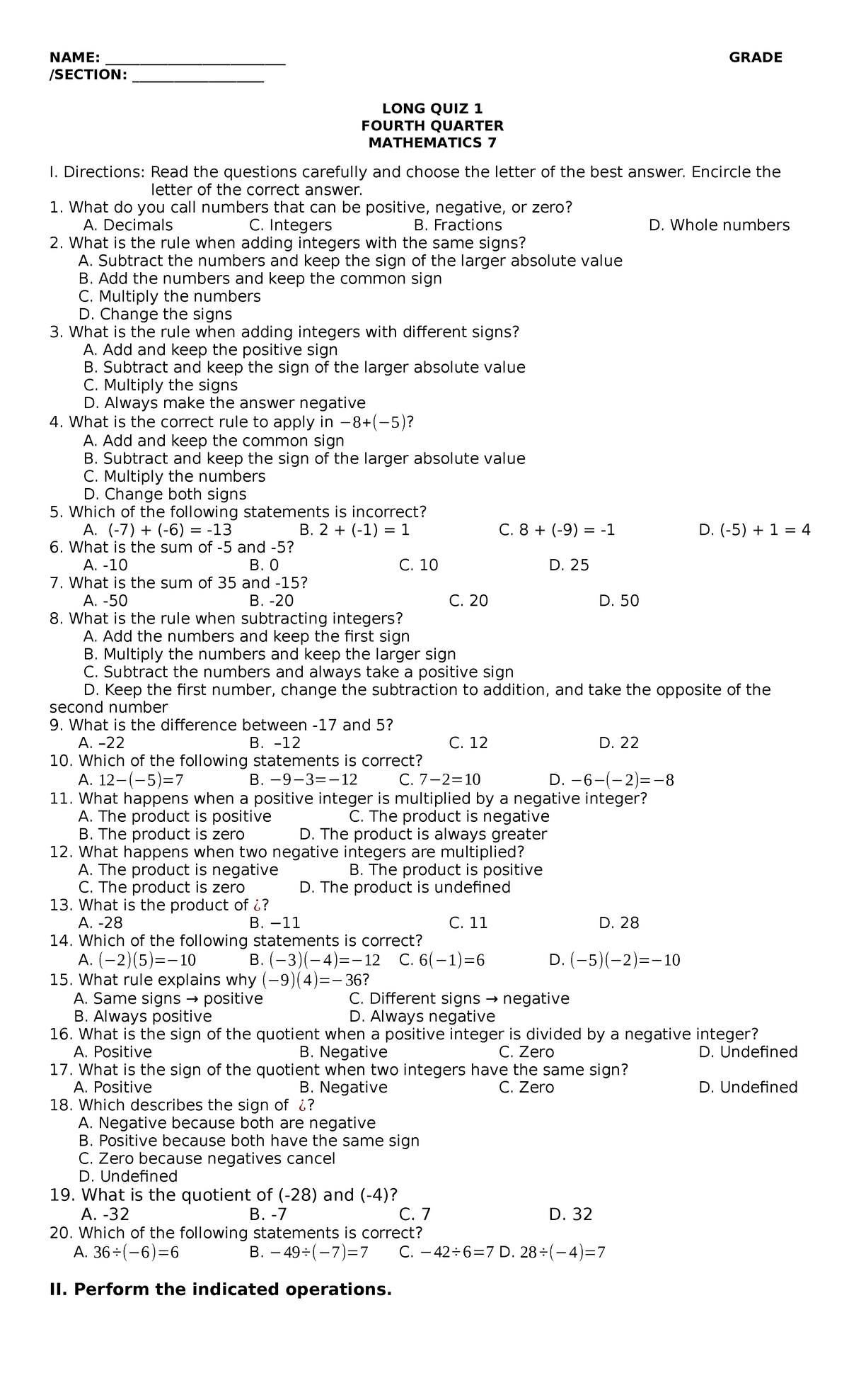 Mathematics 7: Long Quiz 1 - Fourth Quarter Exam - Studocu