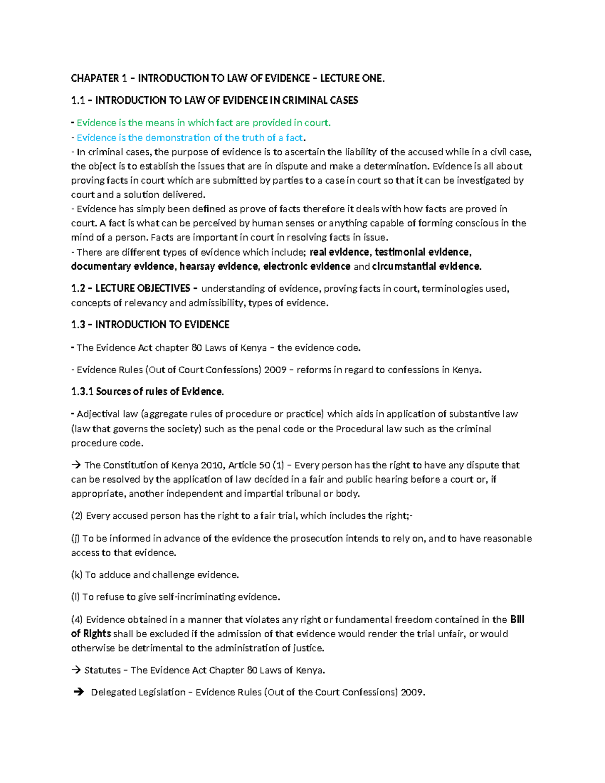 LAW OF EVIDENCE SUMMARY NOTES (LECTURES 1-7) - Studocu