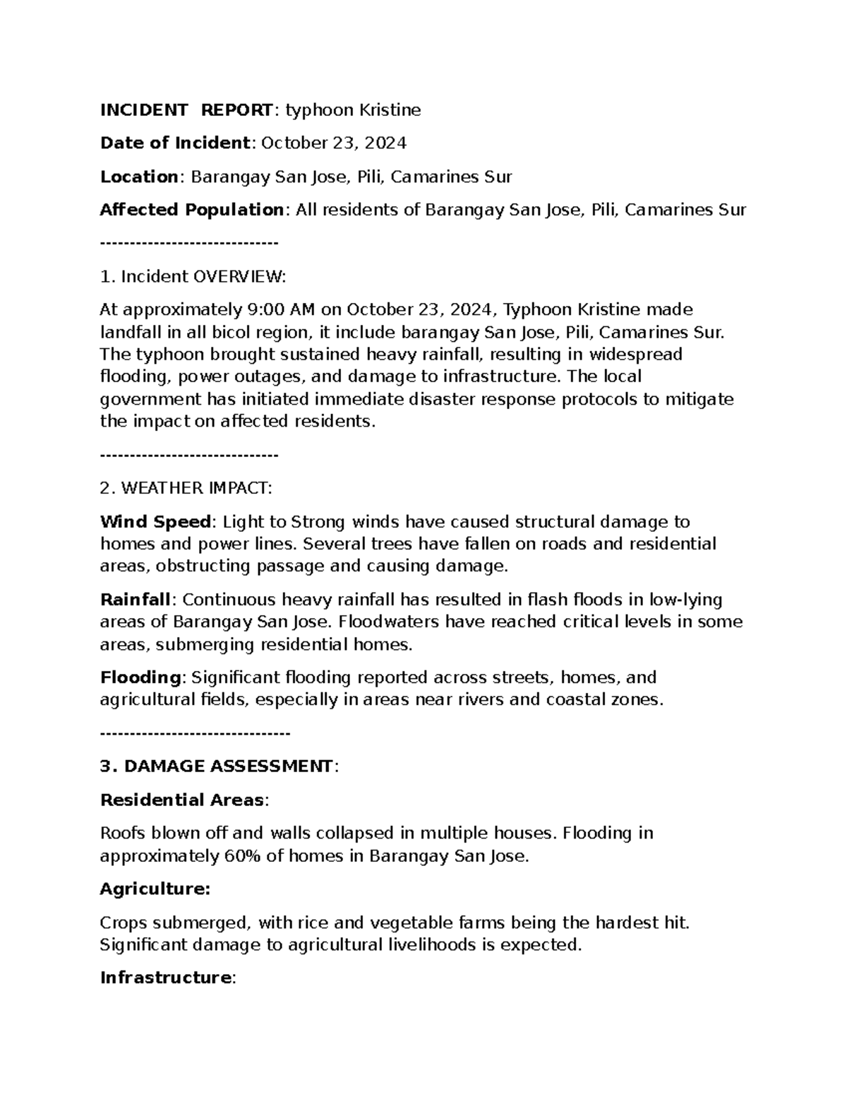 INCIDENT REPORT: Typhoon Kristine - Impact & Response (Oct 2024) - Studocu
