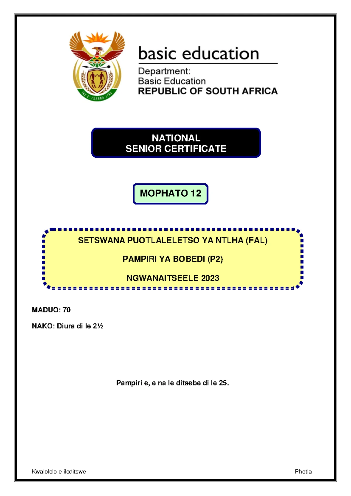 Setswana HL P3 Final Exam Nov 2022 - Grade 12 NSC Papers - Studocu