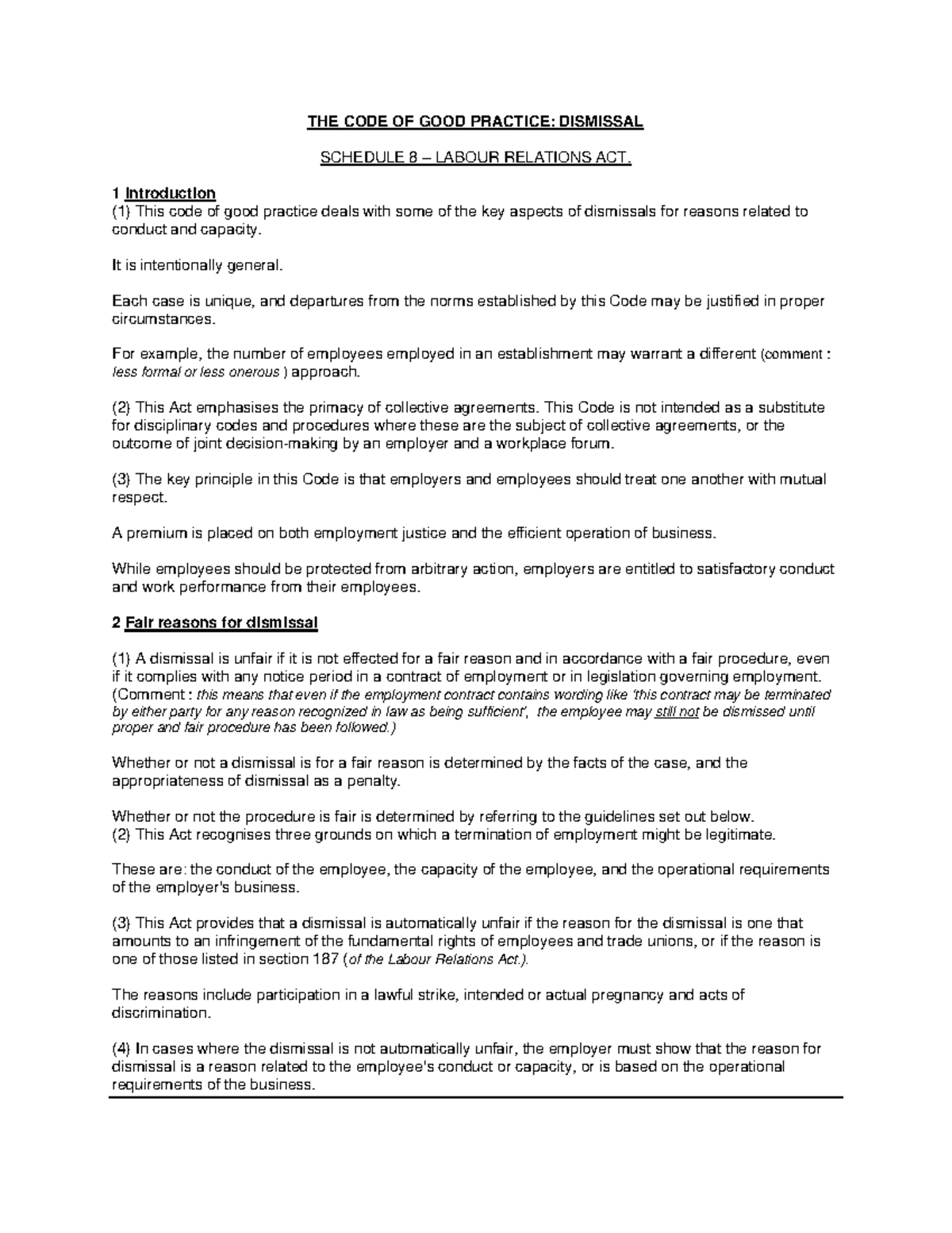 Labour Relations Act Code of Good Practice: Dismissals Overview - Studocu