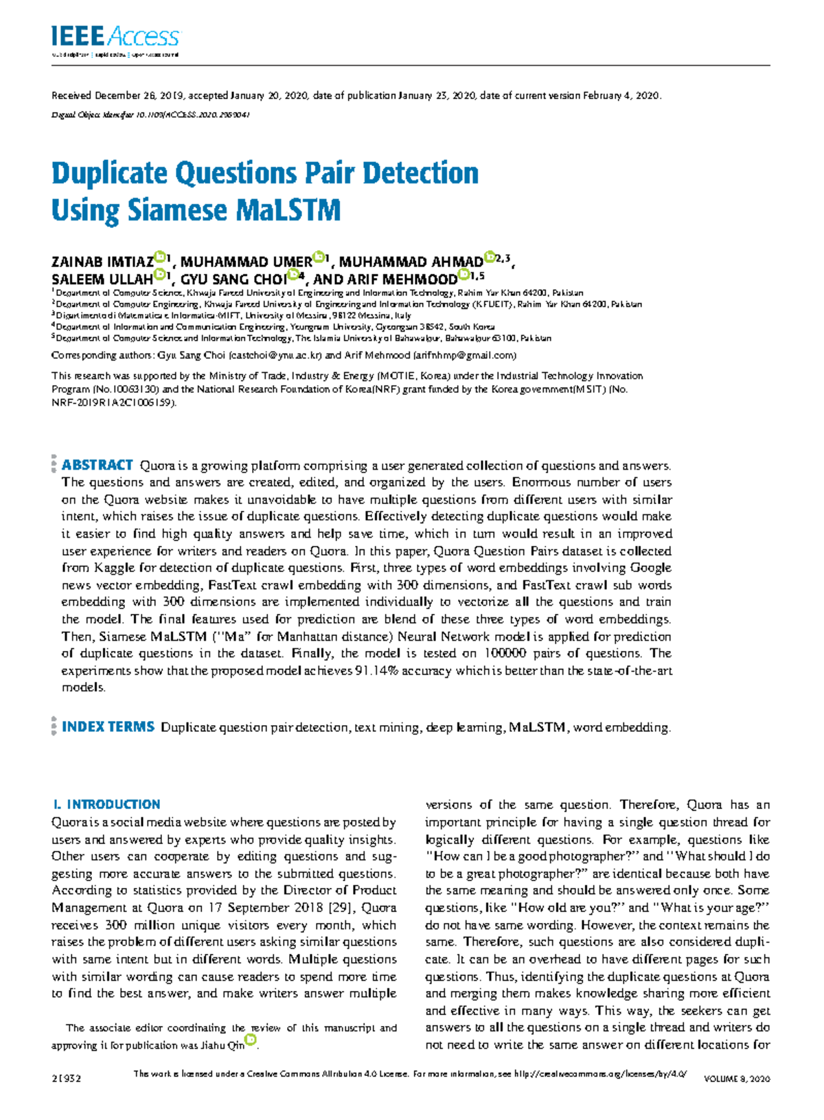 Duplicate Questions Pair Detection Using Siamese MaLSTM - Studocu