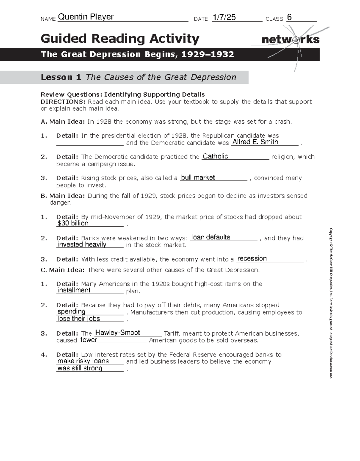 Guided Reading Activity: Causes of the Great Depression (Lesson 1 ...