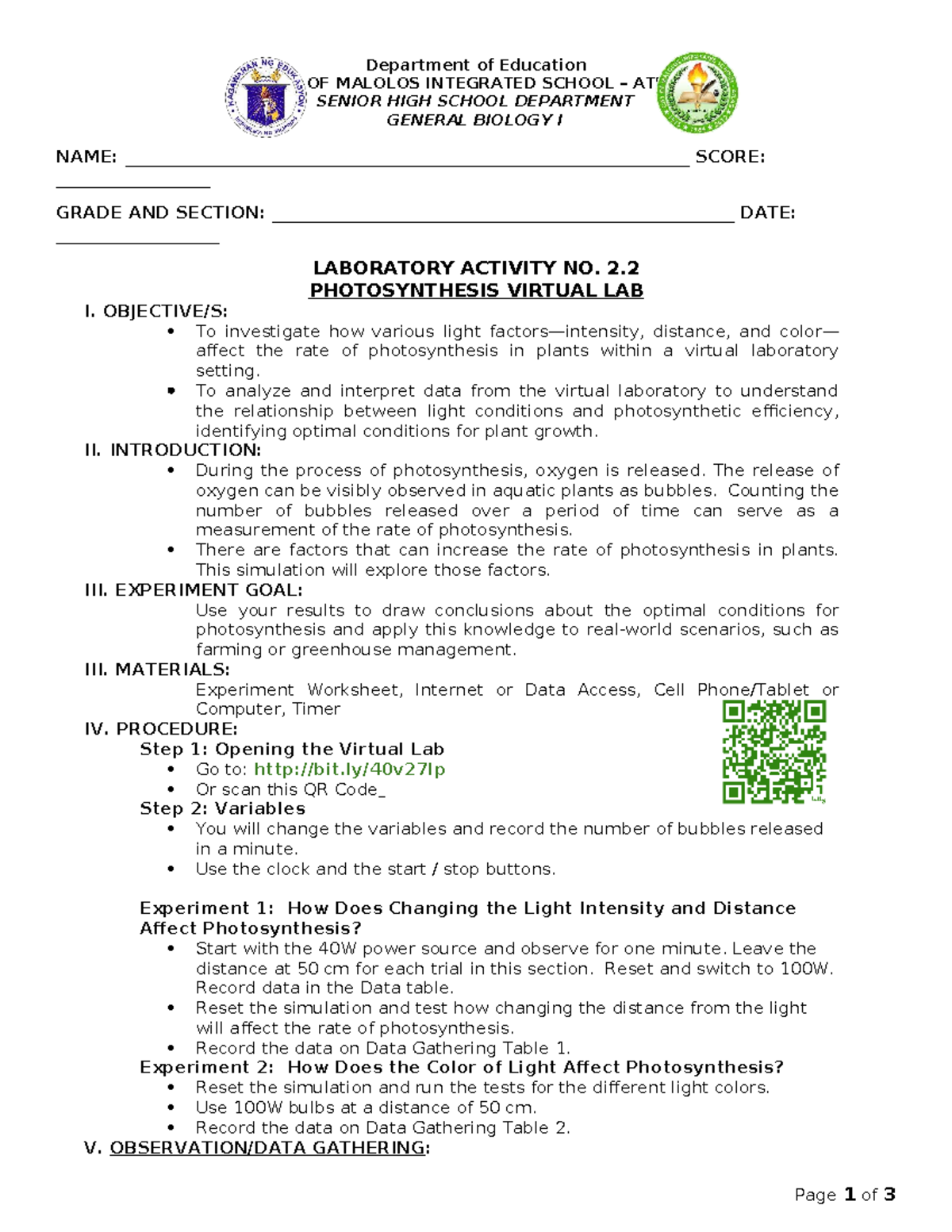 Experiment 2.2 Photosynthesis Virtual Laboratory - Department of ...