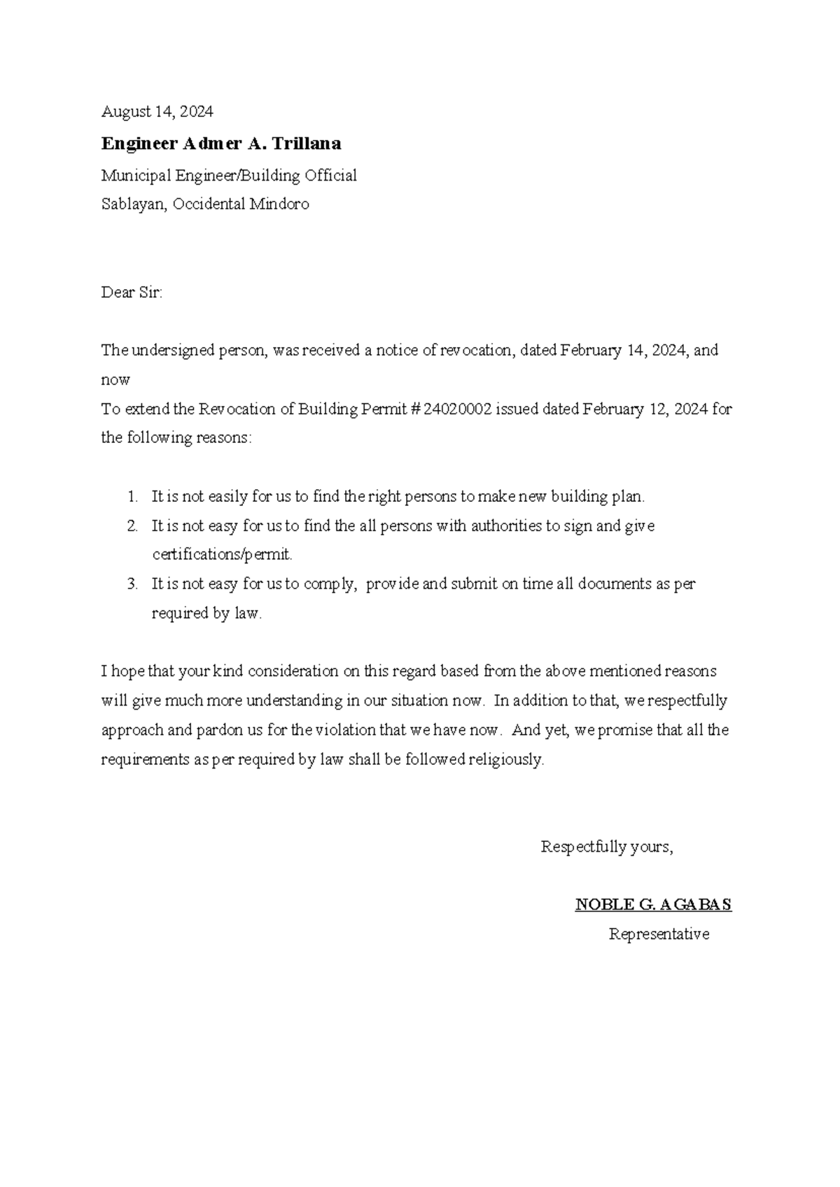 Letter Requesting Extension of Building Permit Revocation to ENGR. A ...
