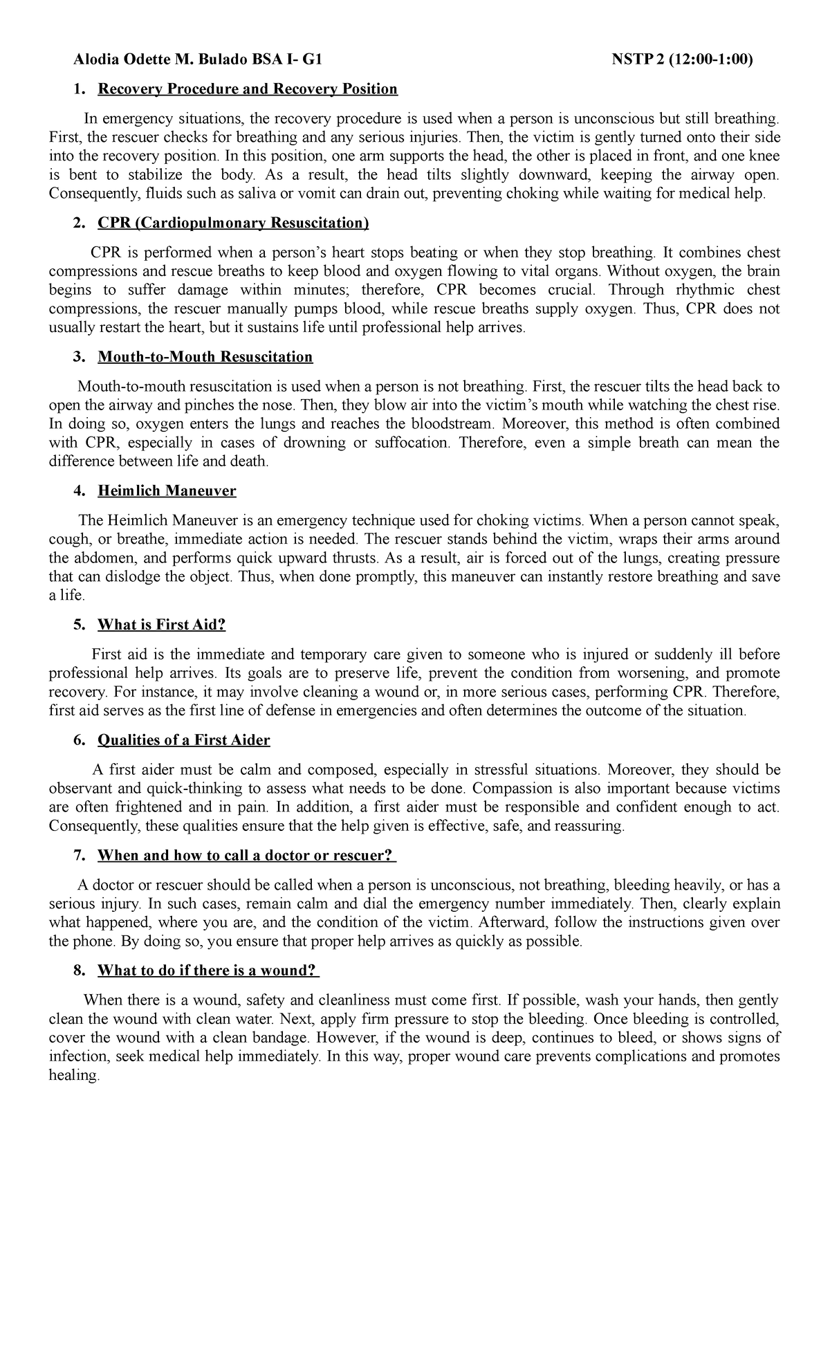 First Aid Procedures and Techniques for NSTP 2 BSA G1 - Studocu