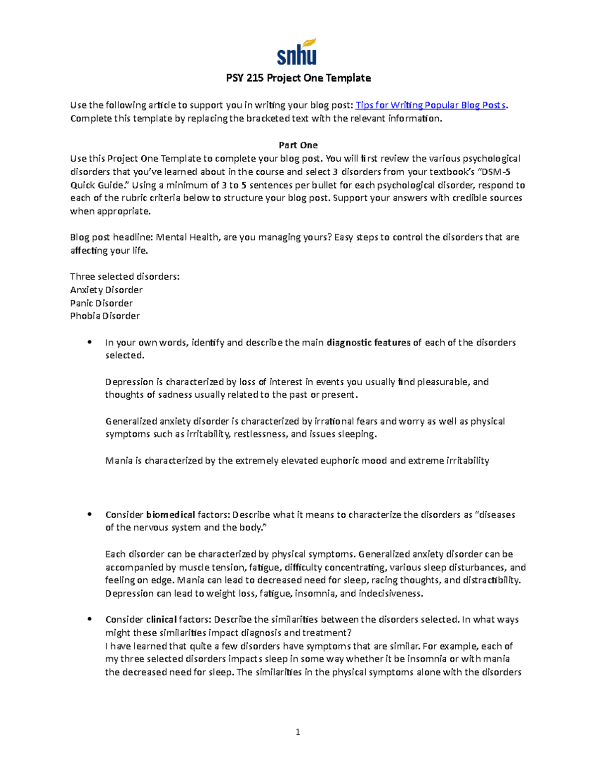 PSY 215 Project One: Exploring Psychological Disorders and Insights ...