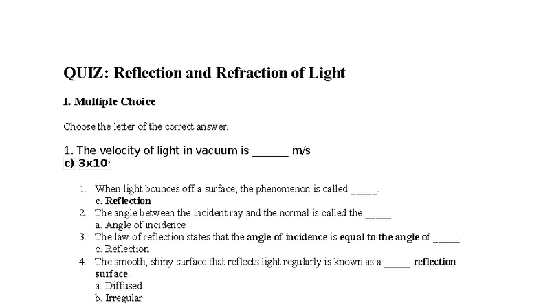 QUIZ: Reflection and Refraction of Light I - MCQs and Problems - Studocu