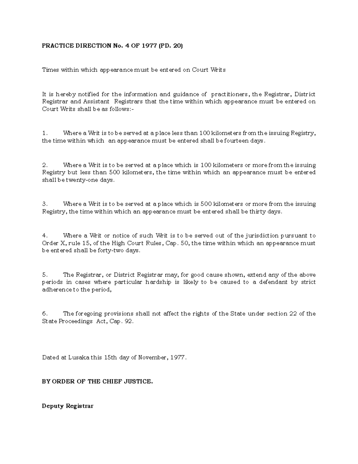 Practice Direction No. 4 of 1977: Court Writs Appearance Timelines ...