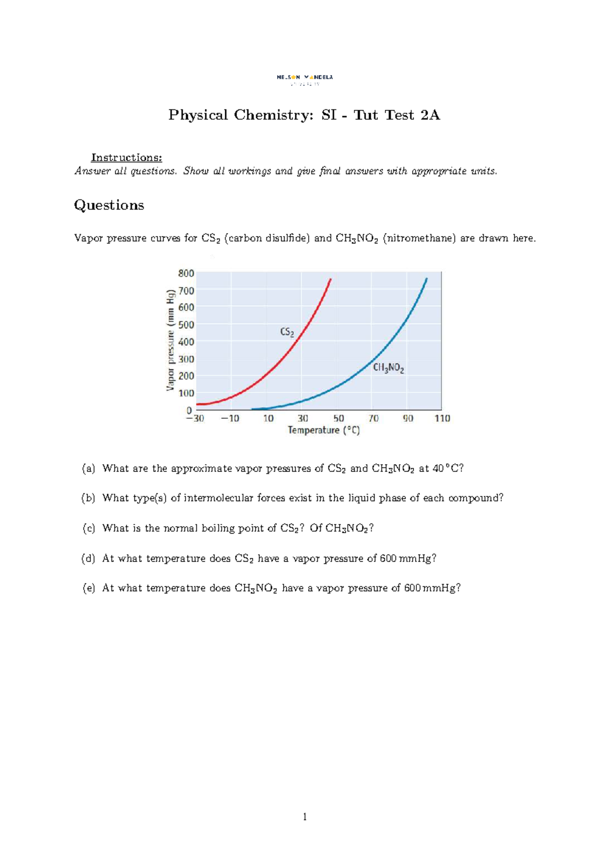 Physical Chemistry CHP2012 Tut Test 2A: Vapor Pressure & Intermolecular ...