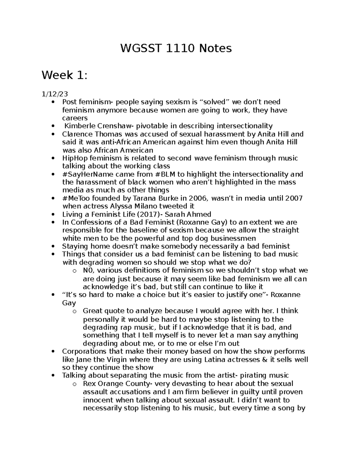 WGSST 1110 Weekly Study Notes - Comprehensive Overview - Studocu