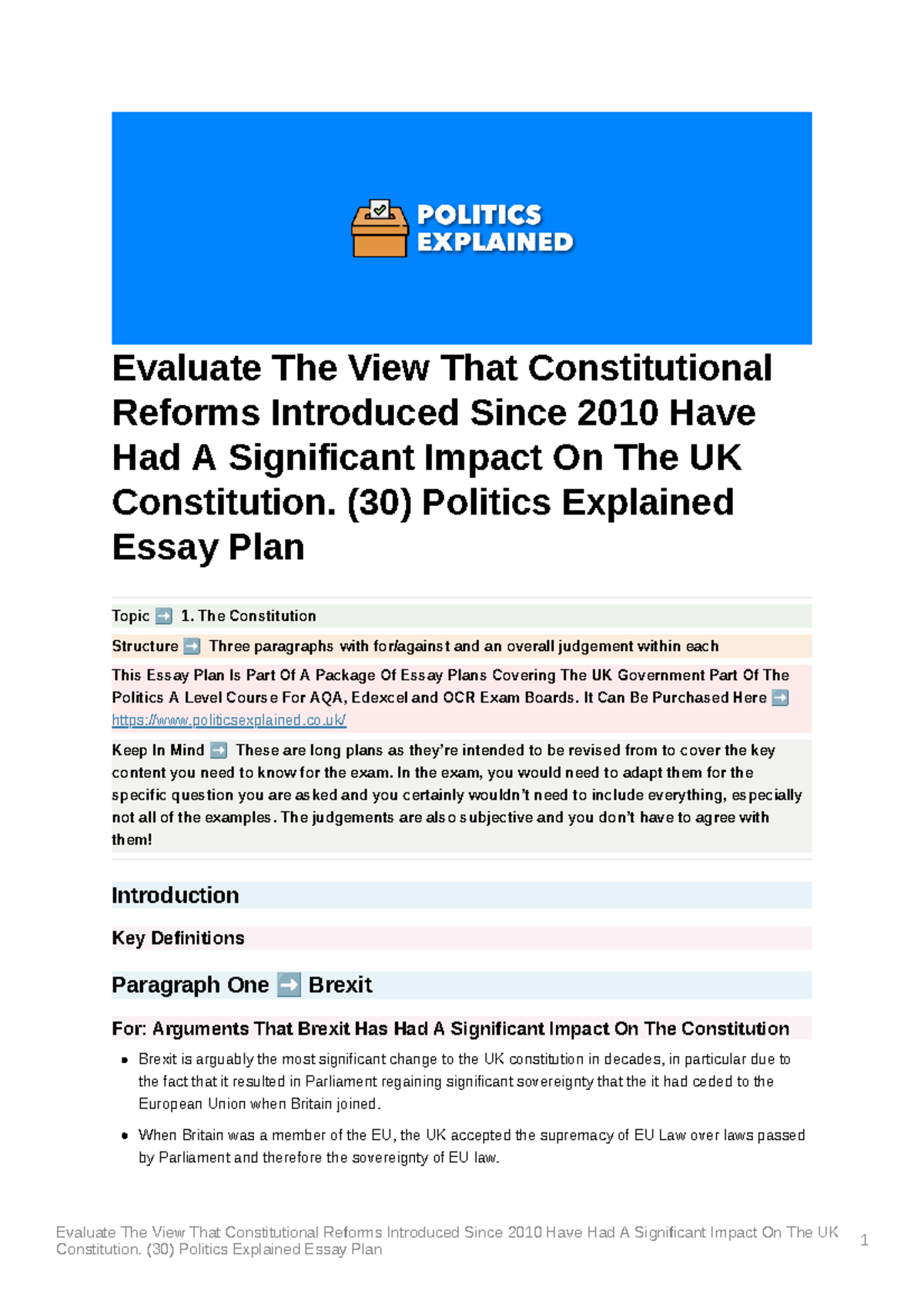 AQA Politics A Level Essay Plan: Evaluating Post-2010 Constitutional ...