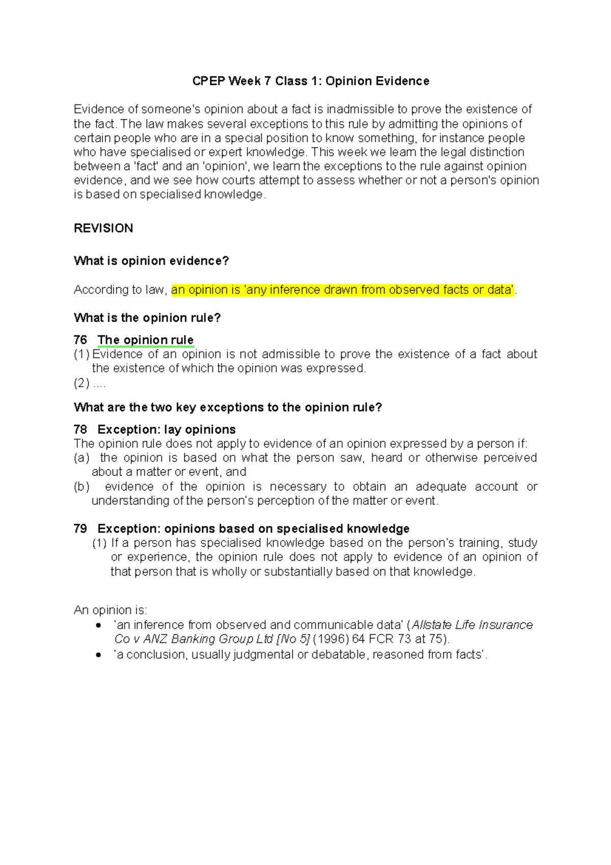CPEP Week 7 Class 1: Understanding Opinion Evidence and Its Exceptions ...