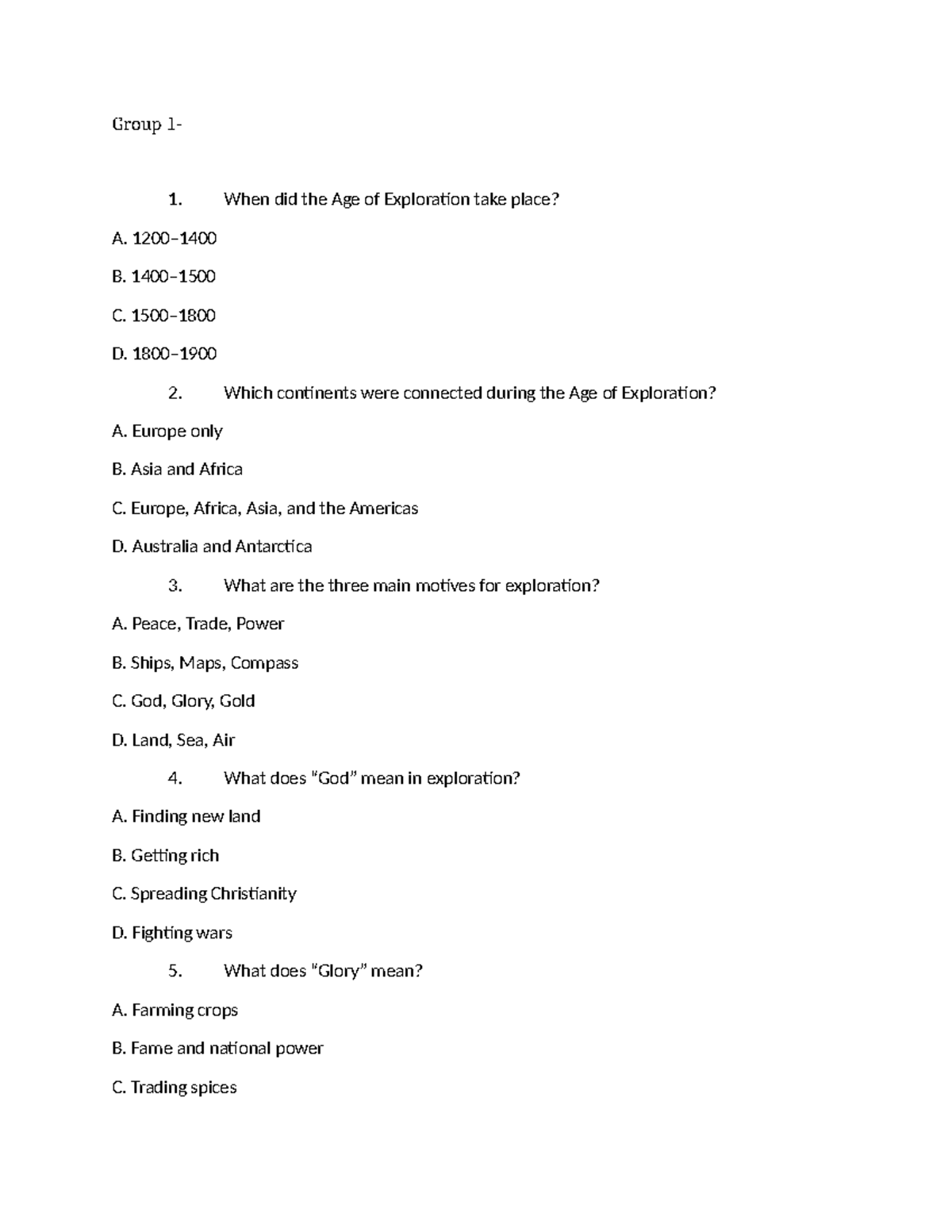 Quiz-Group-1: Age of Exploration Overview and Key Concepts - Studocu