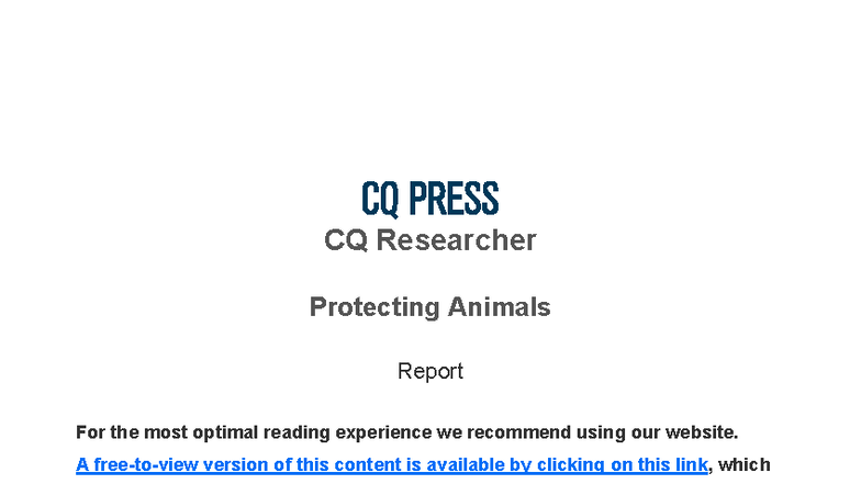 CQ Researcher: Protecting Animals Report (2018) - Studocu