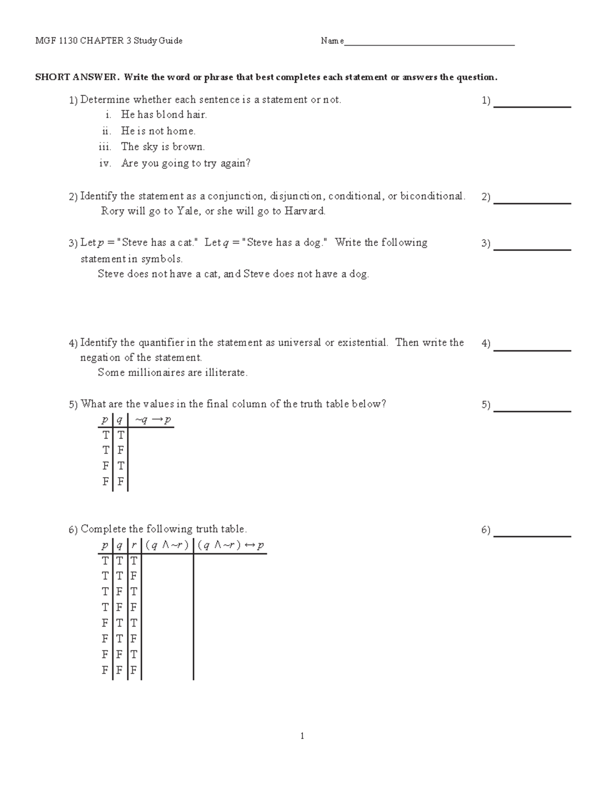 MGF 1130 Chapter 3 Study Guide: Logic & Truth Tables - Studocu