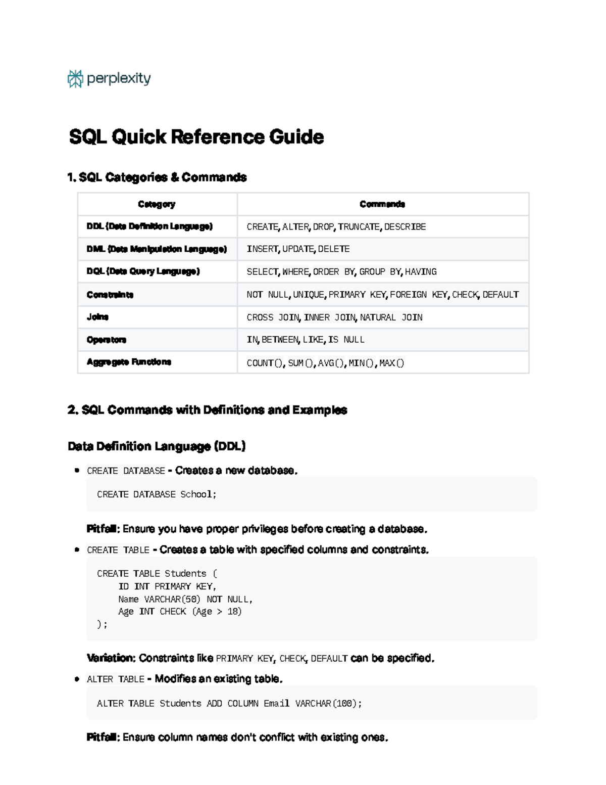 Sql Quick Reference Sheet SQL QuickStart Guide: The Simplified