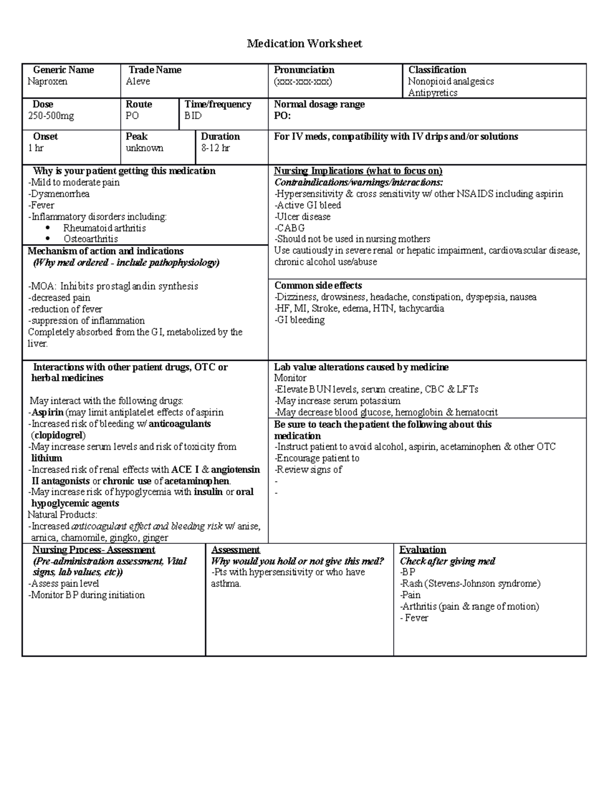 Naproxen - Assignment - Medication Worksheet Generic Name Naproxen ...