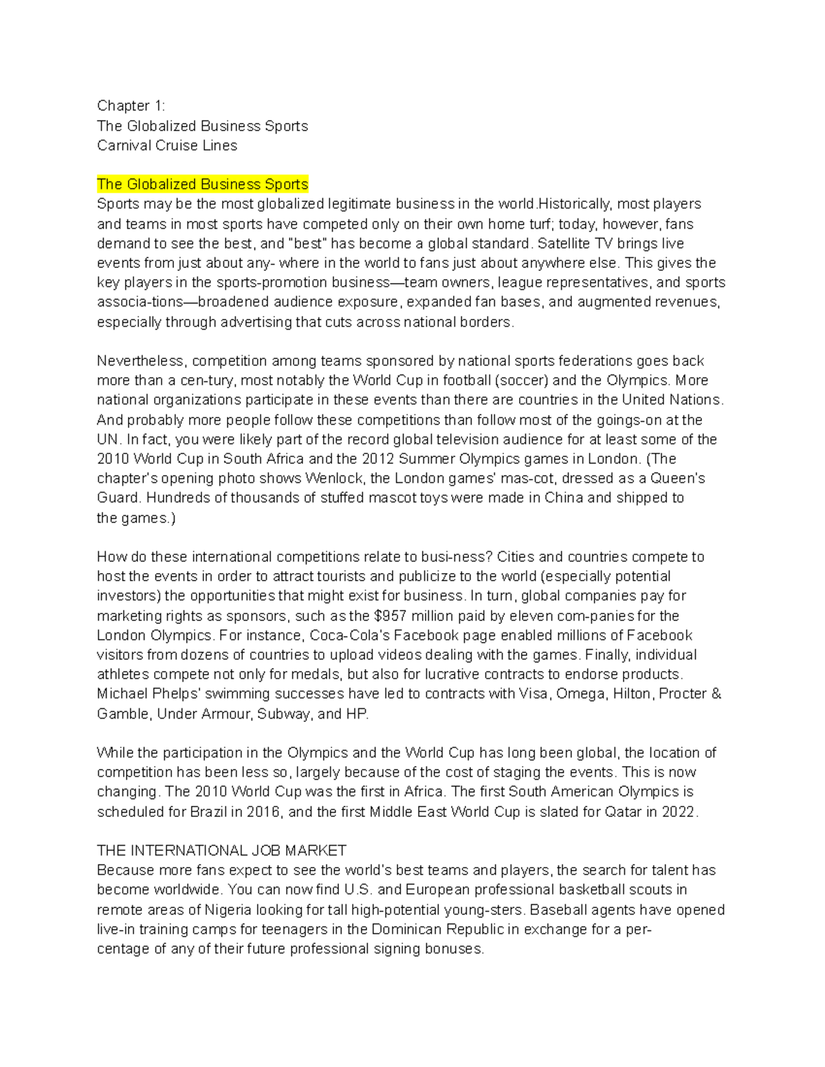 Chapter 1: The Globalized Business of Sports - A Case Study on Carnival Cruise - Studocu