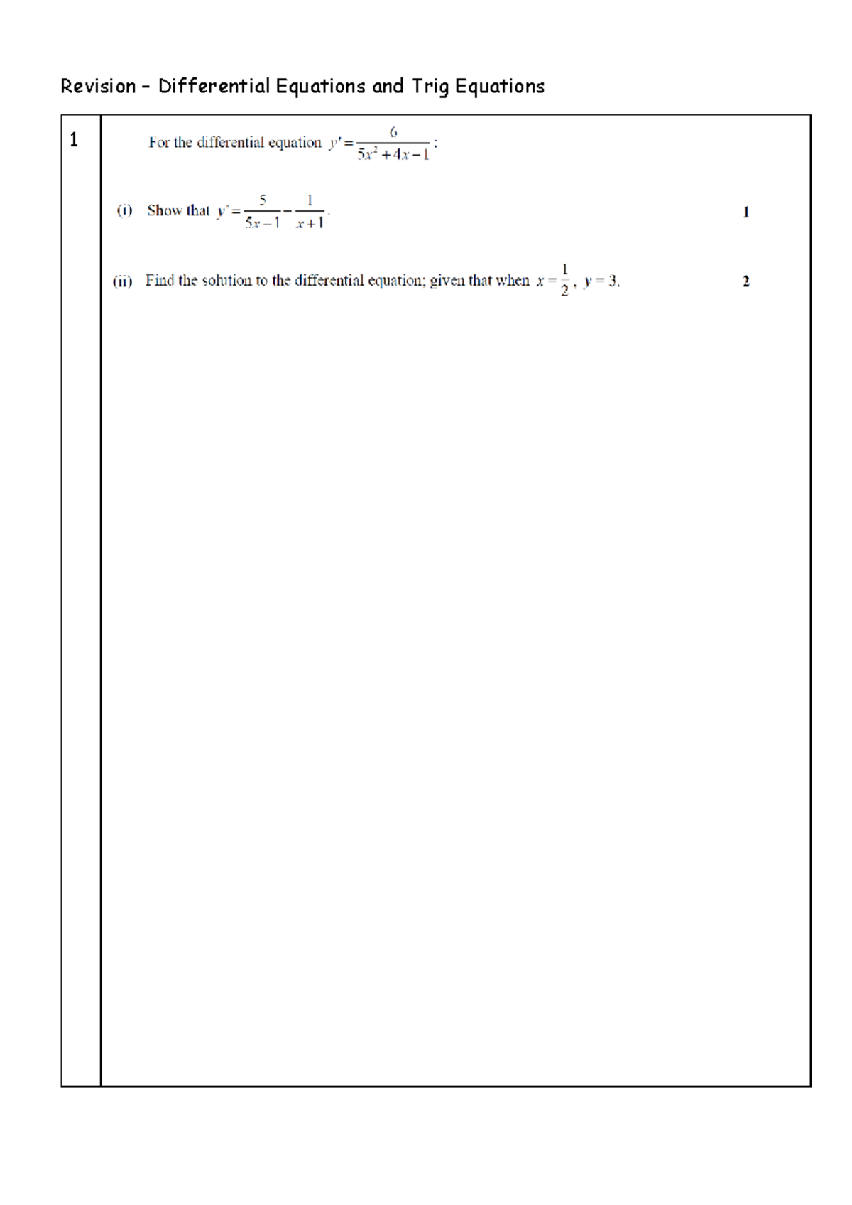 Revision Trig Equations and DE - Revision – Differential Equations and ...