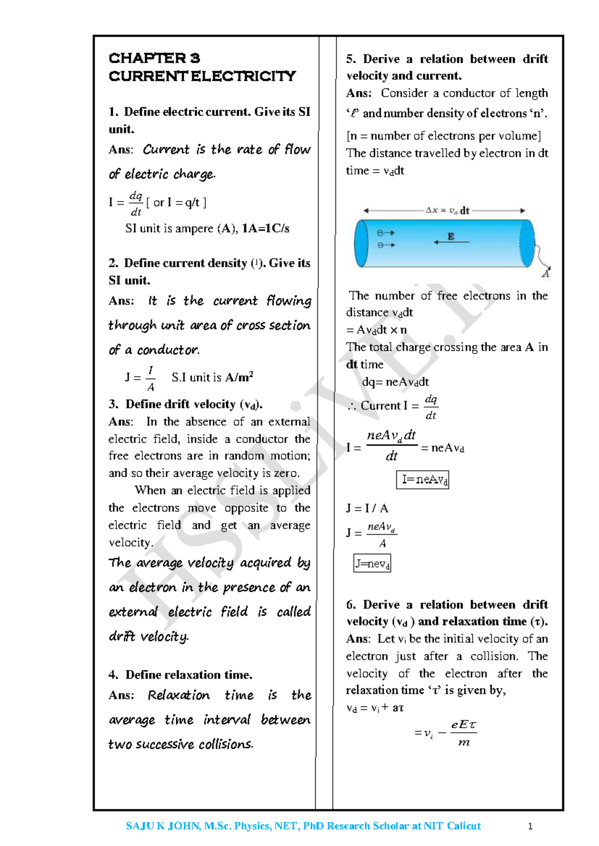 XII Physics CH 3: Current Electricity - Key Concepts & Derivations ...