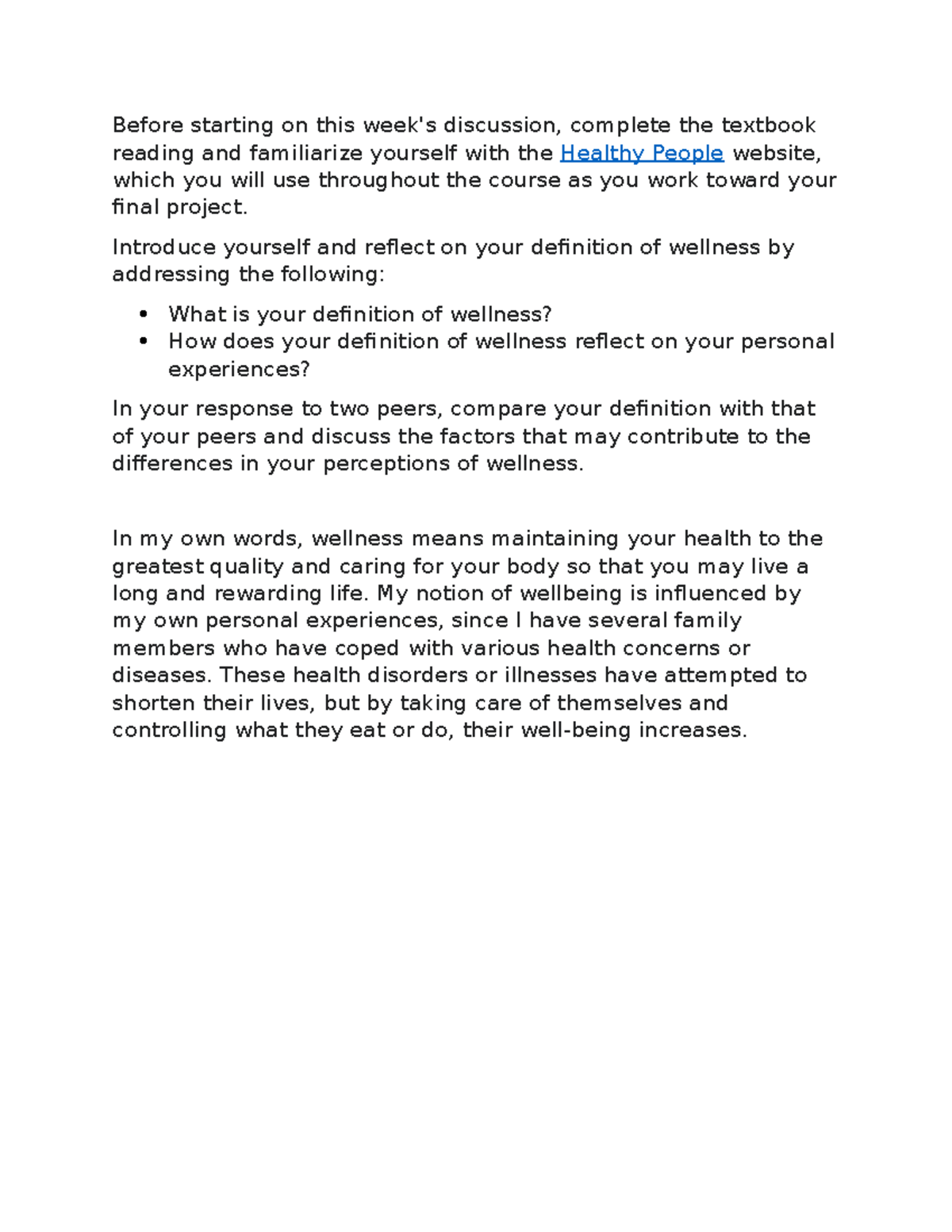 IHP 200 Discussion 1: Defining Wellness and Personal Reflections - Studocu