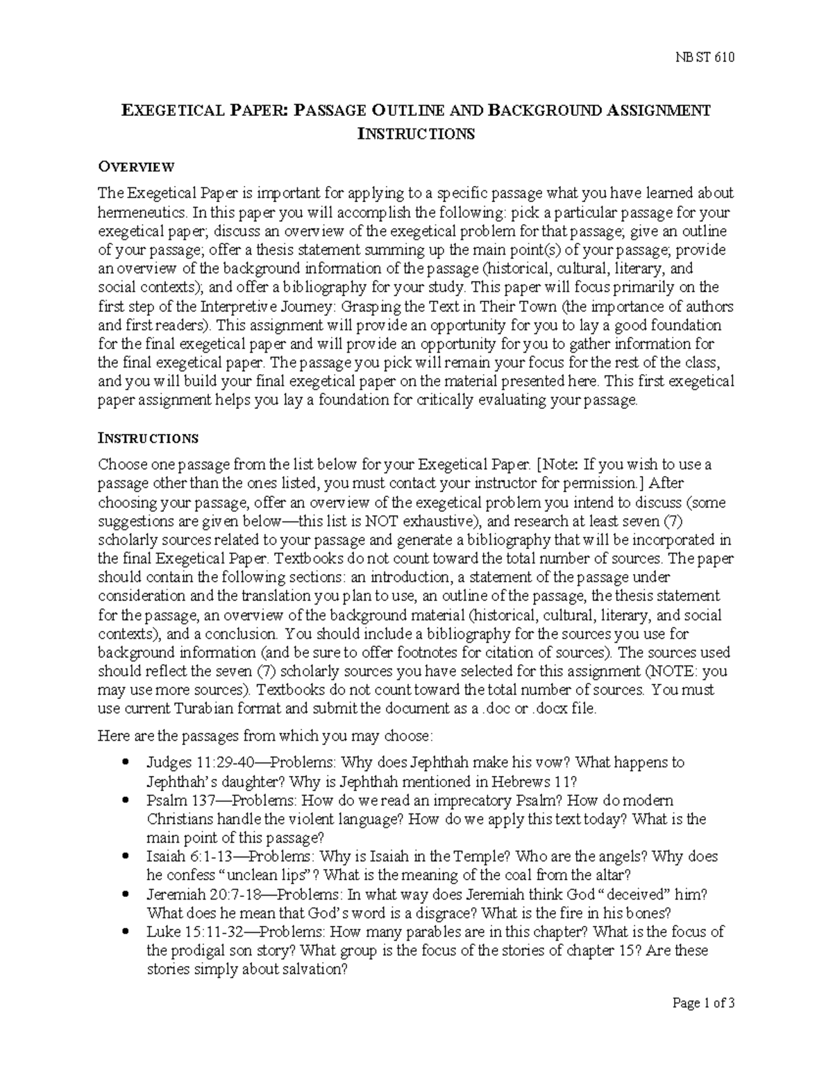 Exegetical Paper Outline and Background Assignment Instructions (NBST ...