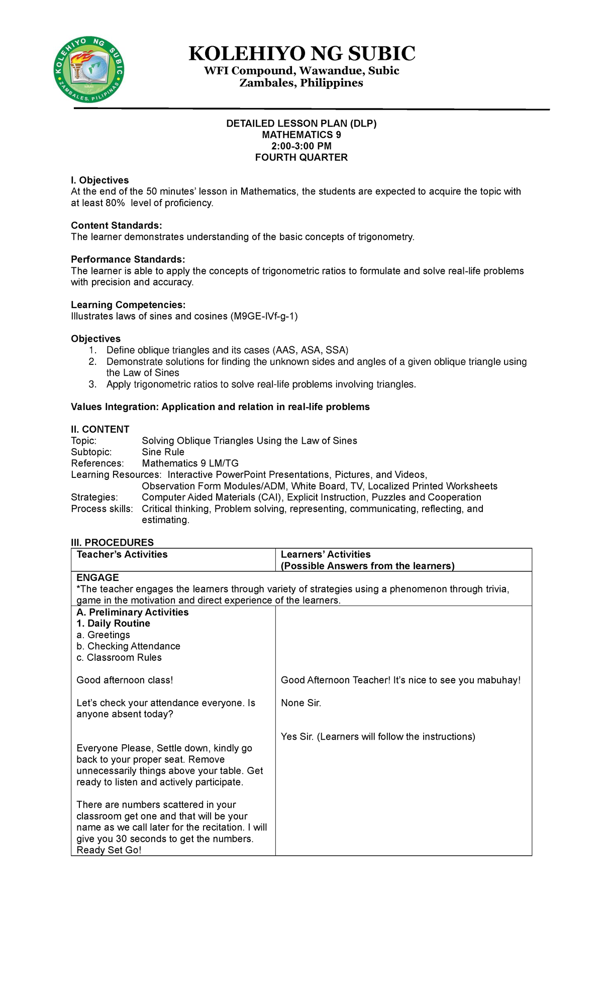 Mathematics 9 Finals LP: Teaching Oblique Triangles with Sine Law - Studocu
